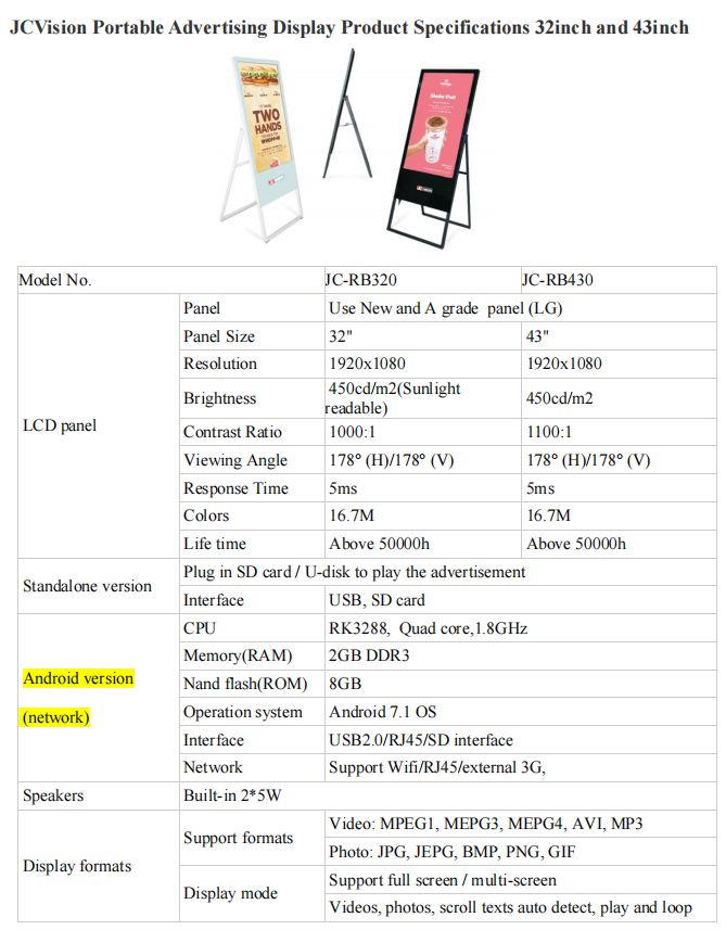 JCVision 32inch 43inch Indoor Digital Signage Displays For Advertising